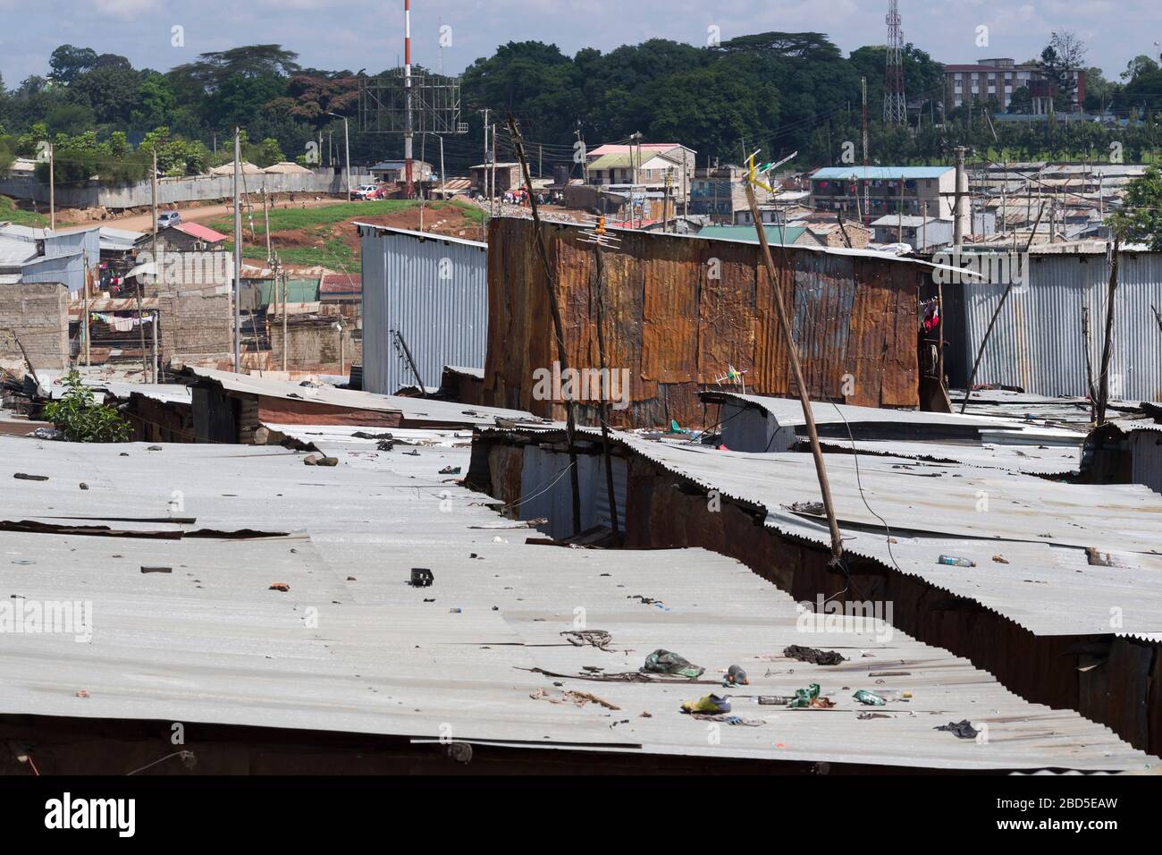 A view across corrugated iron rooftops of Mathare, Nairobi, Kenya ...