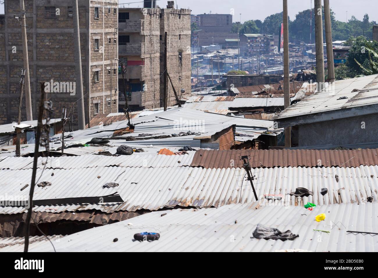 A view across corrugated iron rooftops of Mathare, Nairobi, Kenya ...