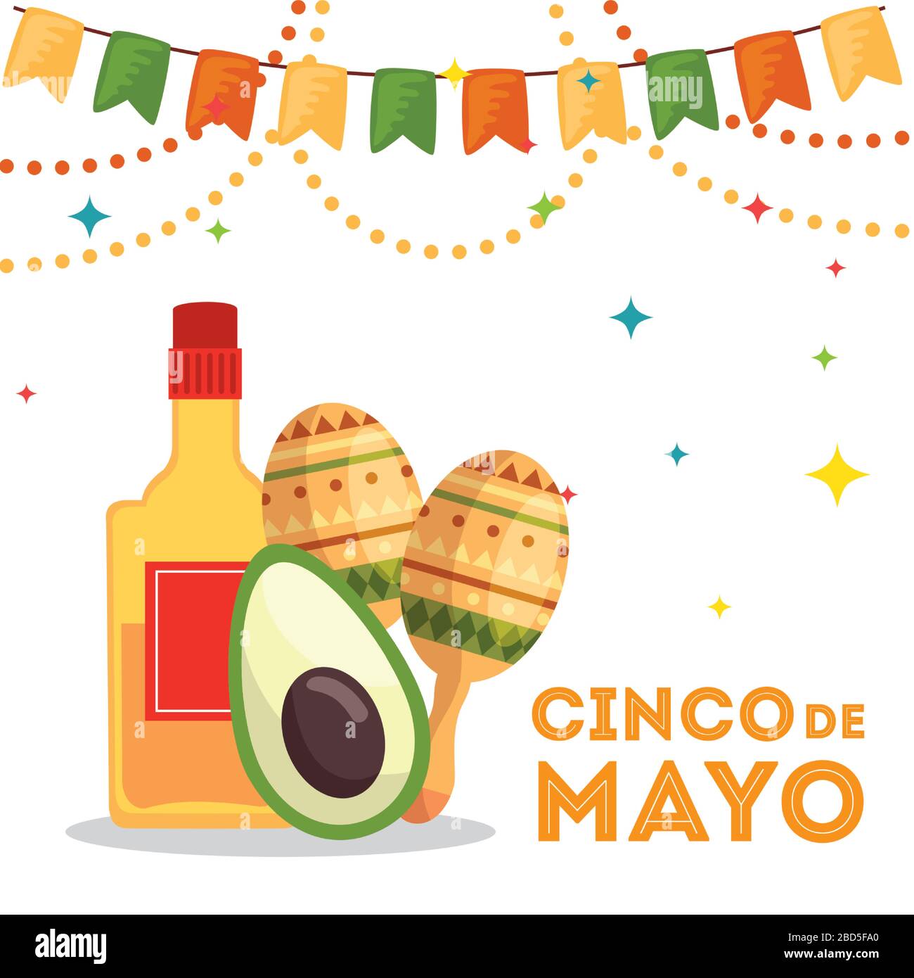Mexican tequila bottle maracas and avocado of Cinco de mayo vector ...