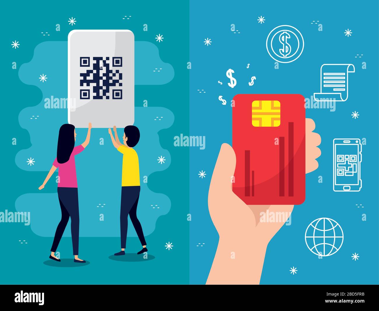 qr code woman man and hand holding credit card vector design Stock ...
