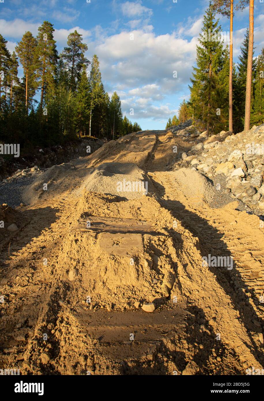 Forest road construction first phases road line has been cleared and ...