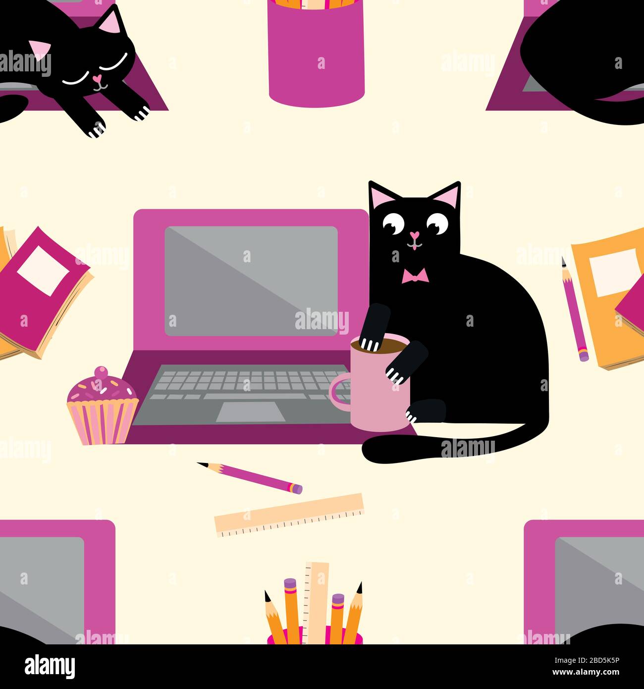 Cute cartoon cat and laptop vector seamless pattern background. Black ...