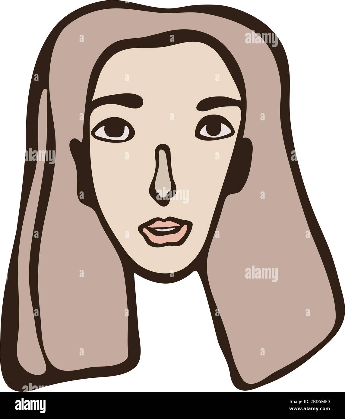 Minimalistic linear isolated school girl portrait. White face with dark ...