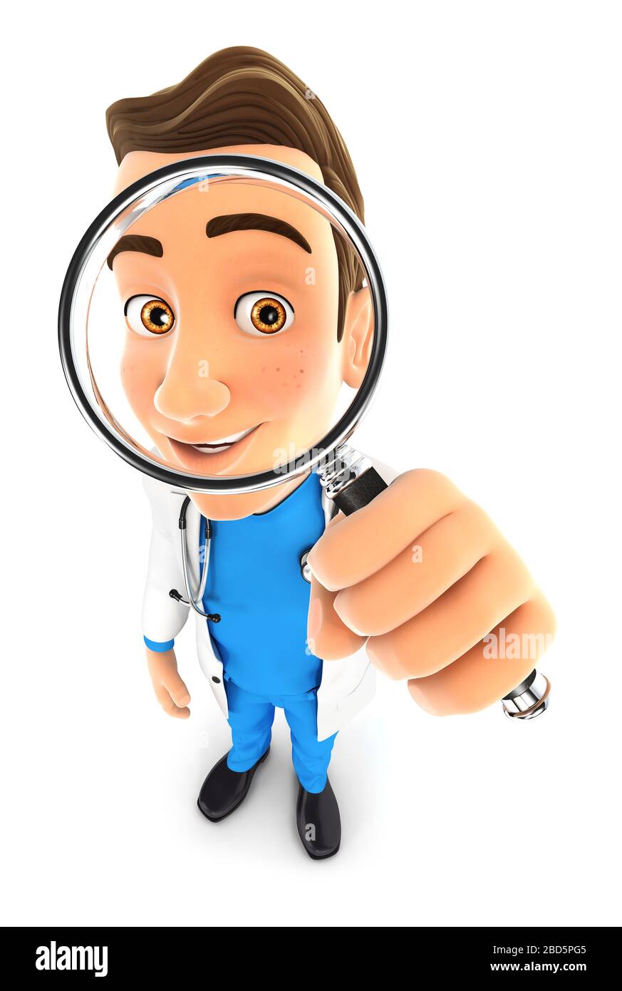 3d doctor looking into a magnifying glass, illustration with isolated ...