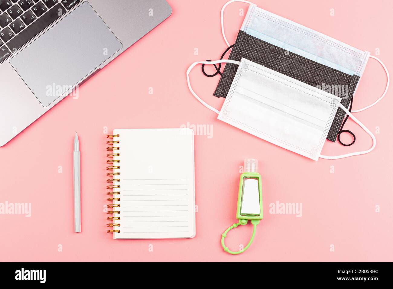 Top View Of Workspace Desk With Laptop, Blank Notebook, Medical Masks ...