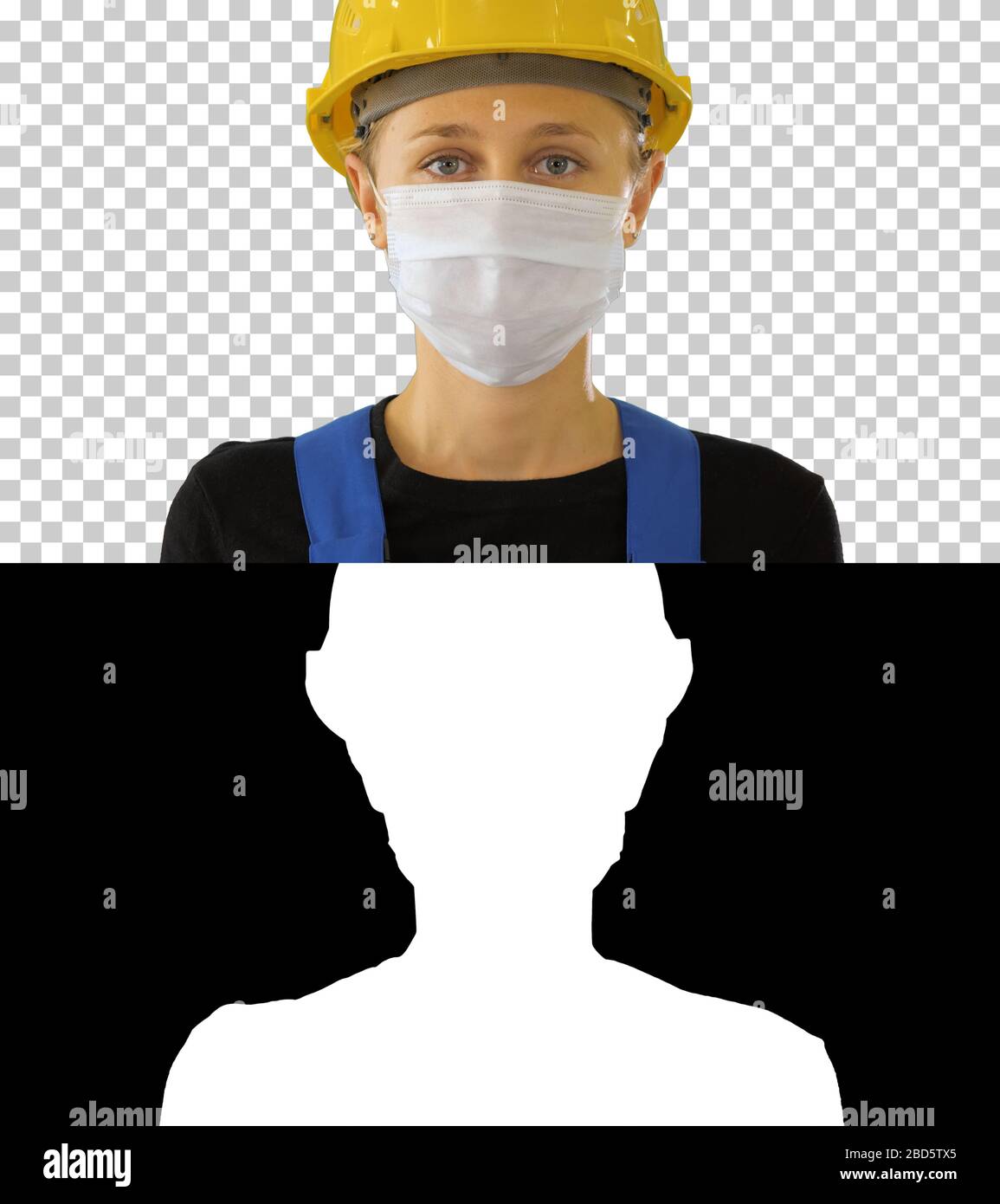 Female construction worker in safety helmet putting medical mask Stock ...