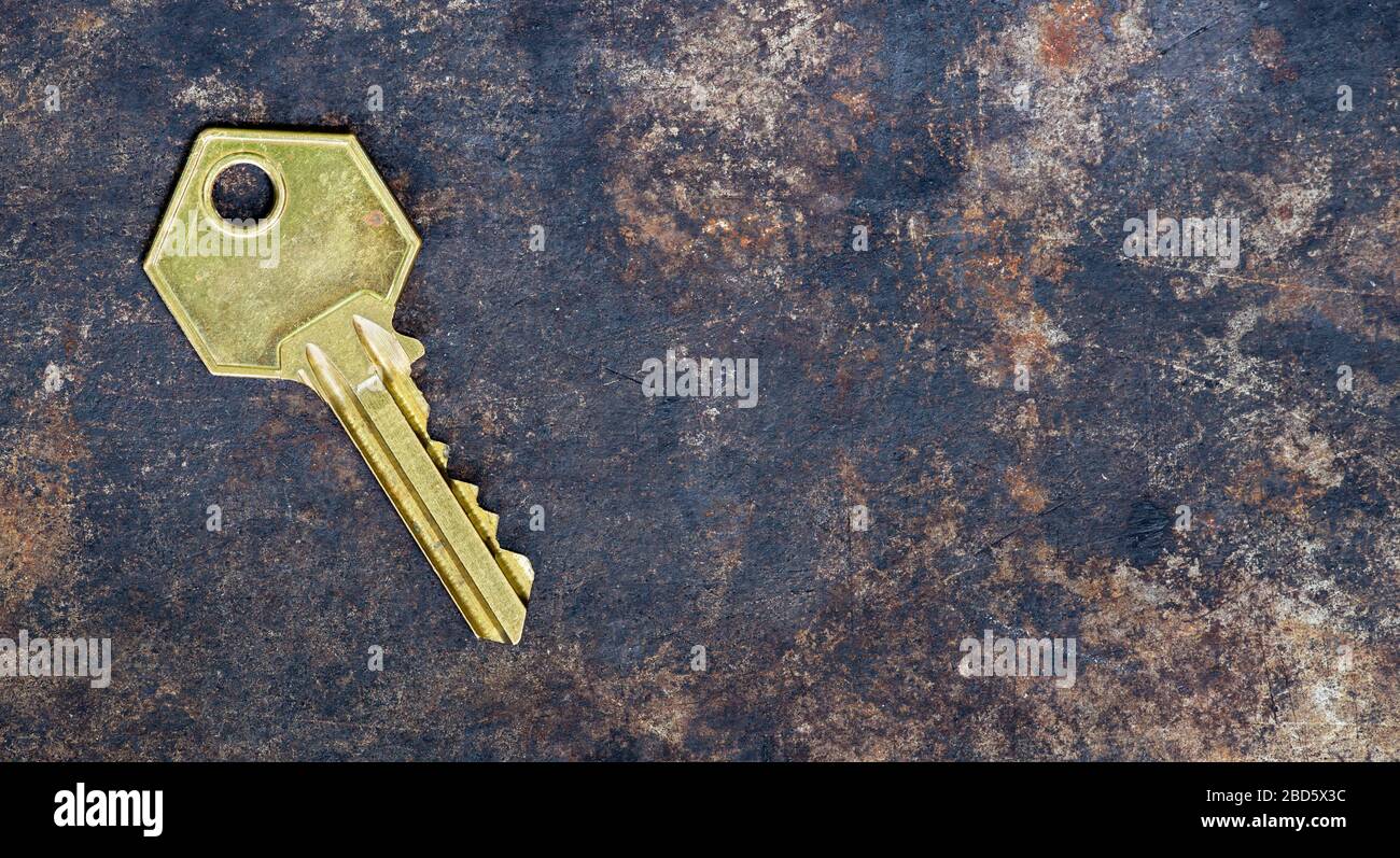 Solution, success golden key on grunge metal background, web banner ...