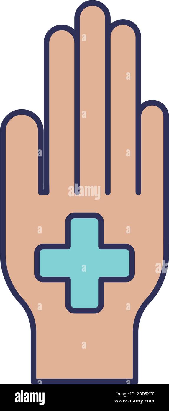 medical cross in hand, line and fill style icon vector illustration ...