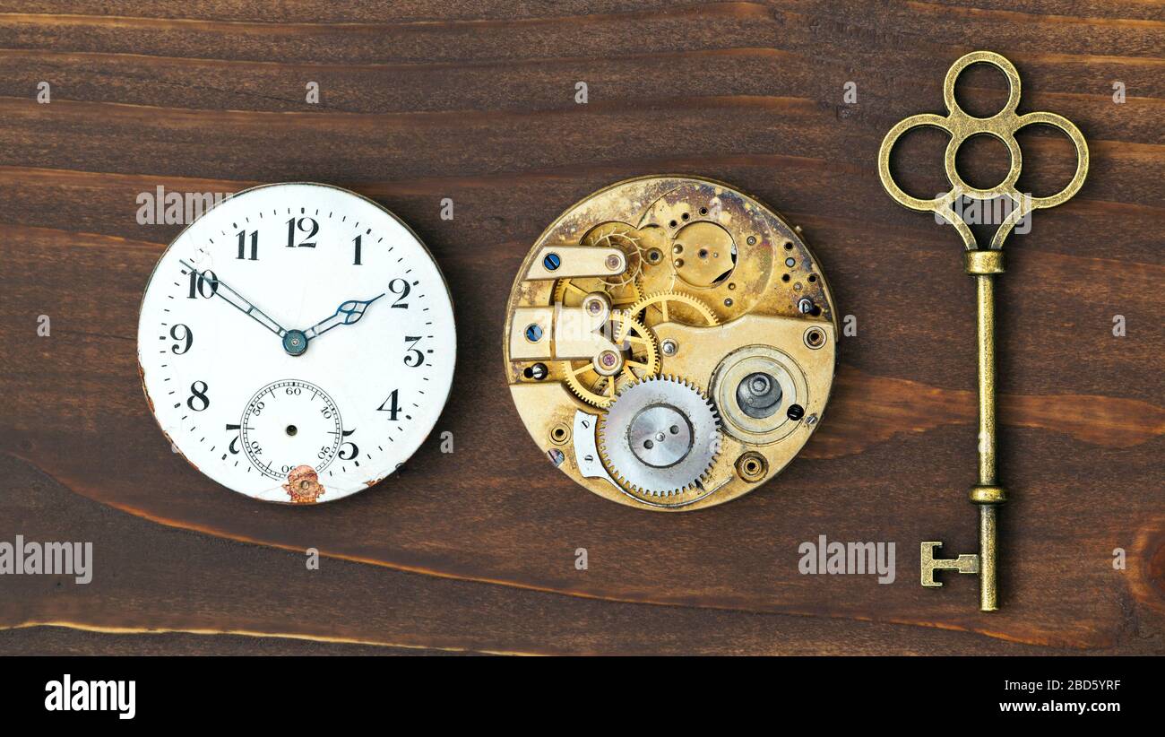 Vintage ornate key, clock face and watch mechanism, escape room, time ...