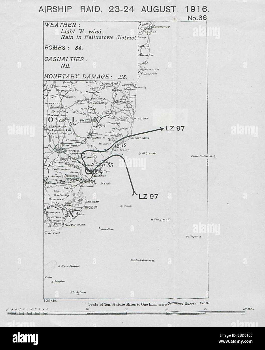 First World War German Airship raid 23-24 August 1916. Felixstowe ...