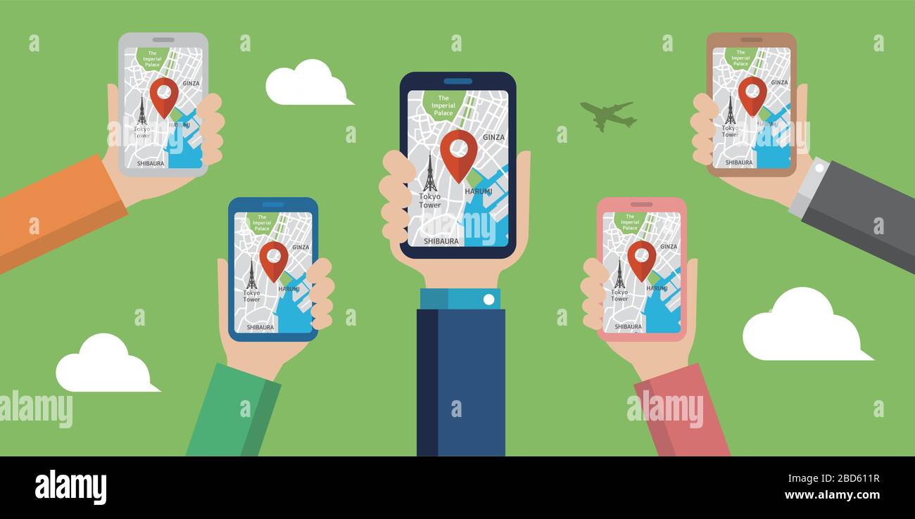 mobile gps navigation service flat illustration. Hand-holding mobile ...