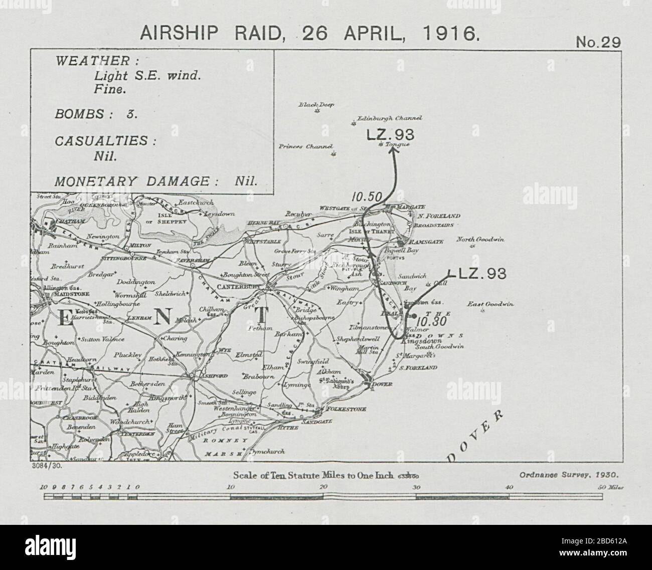 First World War German Airship raid 26 April 1916. Deal Kent 1930 old ...