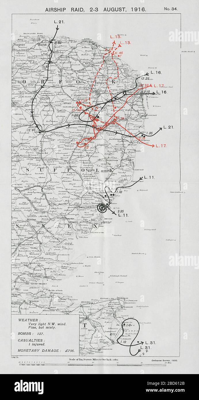 First World War German Airship raid 2-3 August 1916 Harwich Felixstowe ...