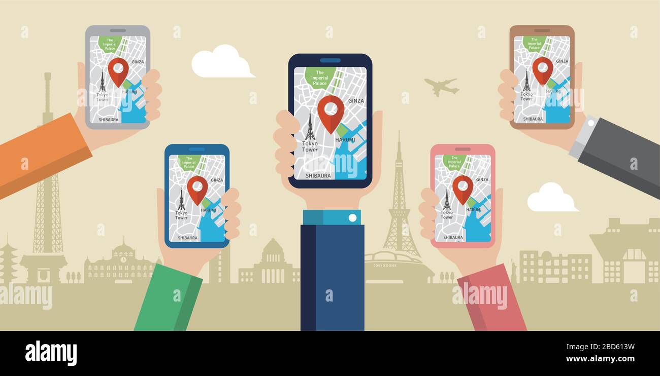 mobile gps navigation service flat illustration. Hand-holding mobile phone with map application ...