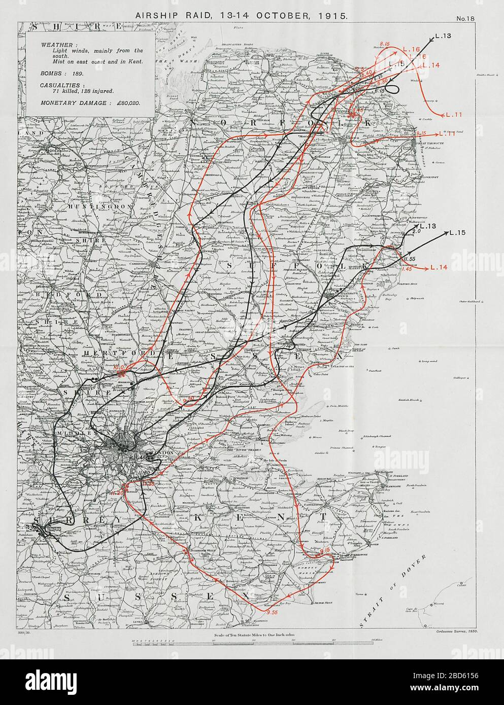 First World War German Airship raid Sept. 1915 London Guildford Ipswich ...