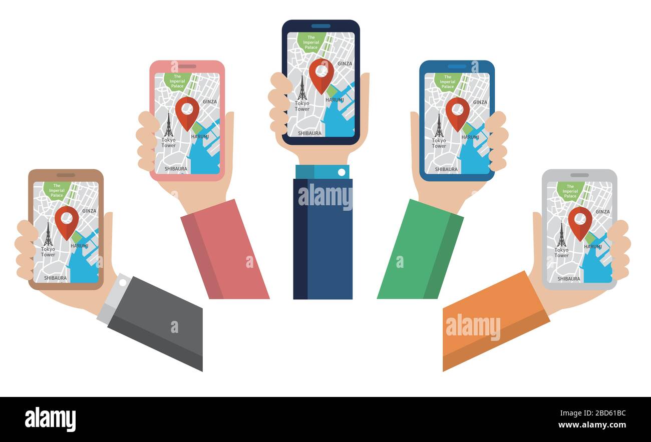 Hand-holding mobile phone with map application ( Tokyo city ) flat ...