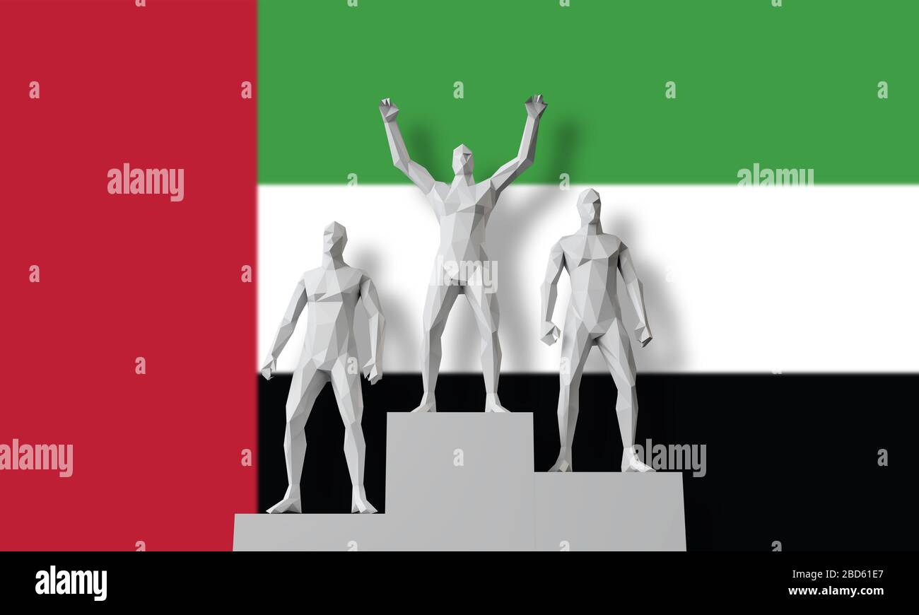 UAE winner.People stood on a winners podium celebrating. 3D Render ...