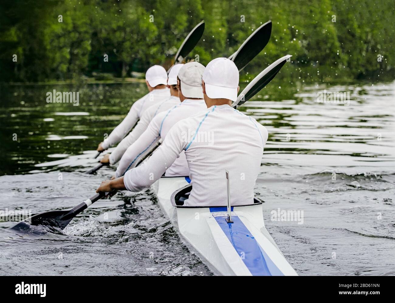 back four athletes kayakers paddling in kayak on lake Stock Photo - Alamy