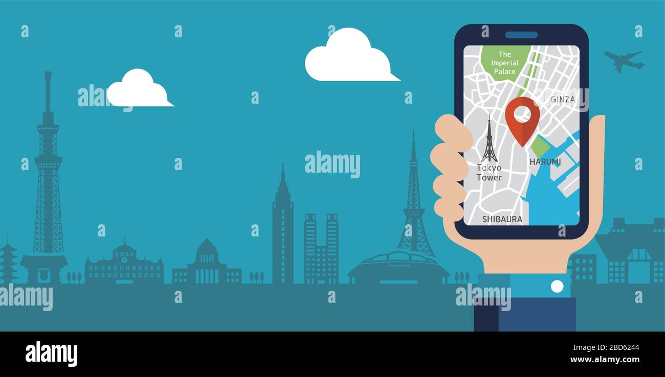 mobile gps navigation service flat illustration. Hand-holding mobile ...