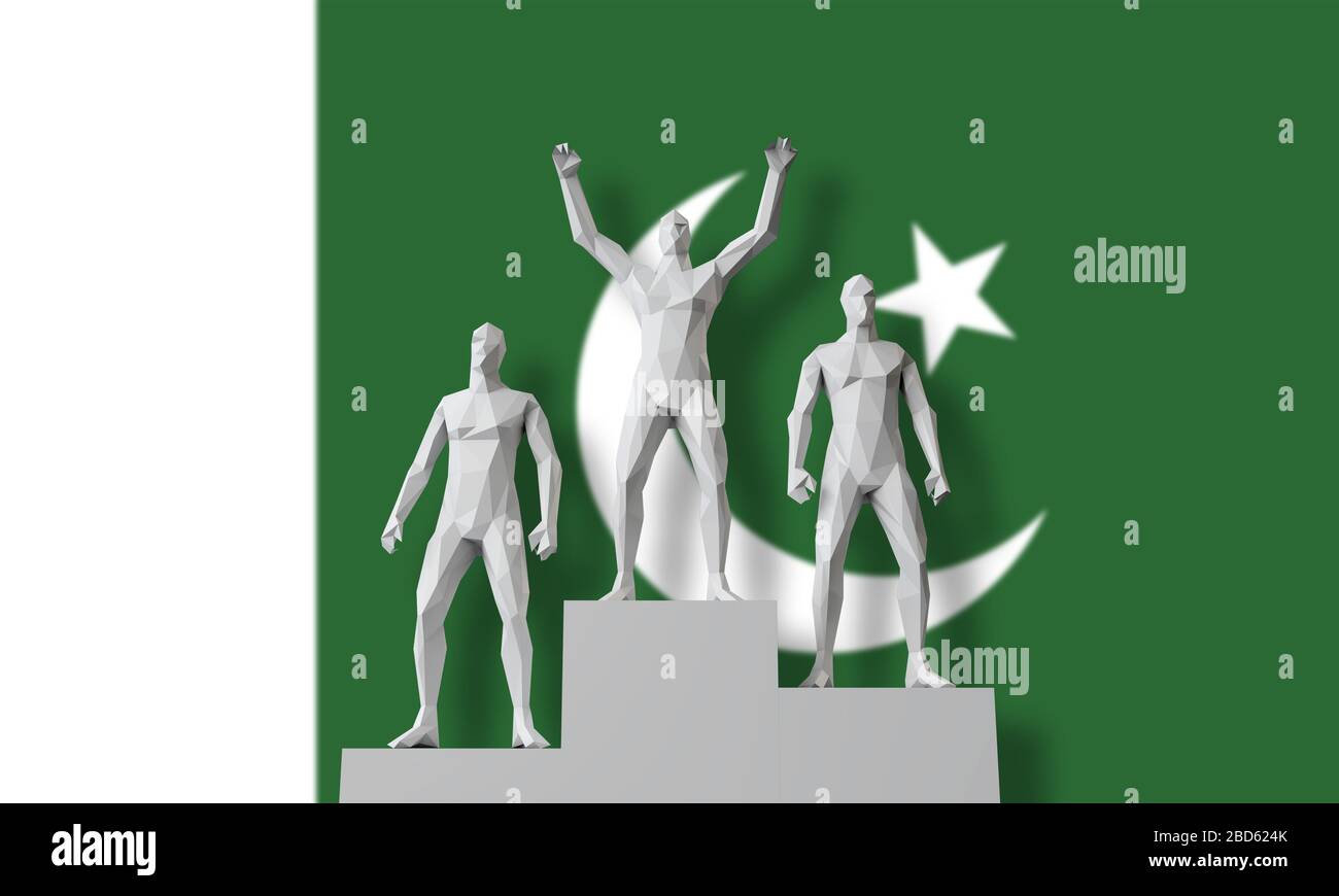 Pakistan winner.People stood on a winners podium celebrating. 3D Render ...