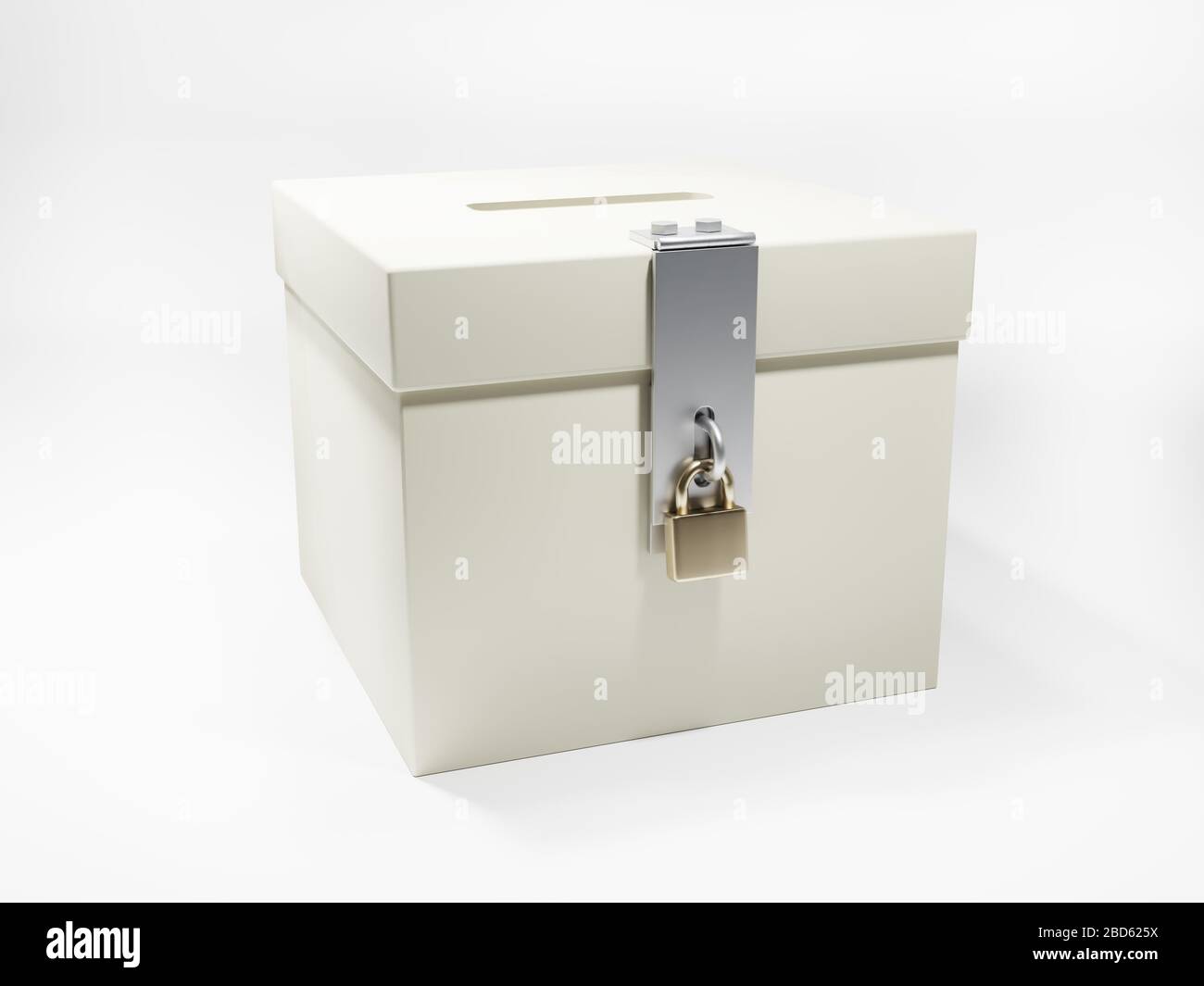 3D rendering of white ballot box secured with padlock on white ...
