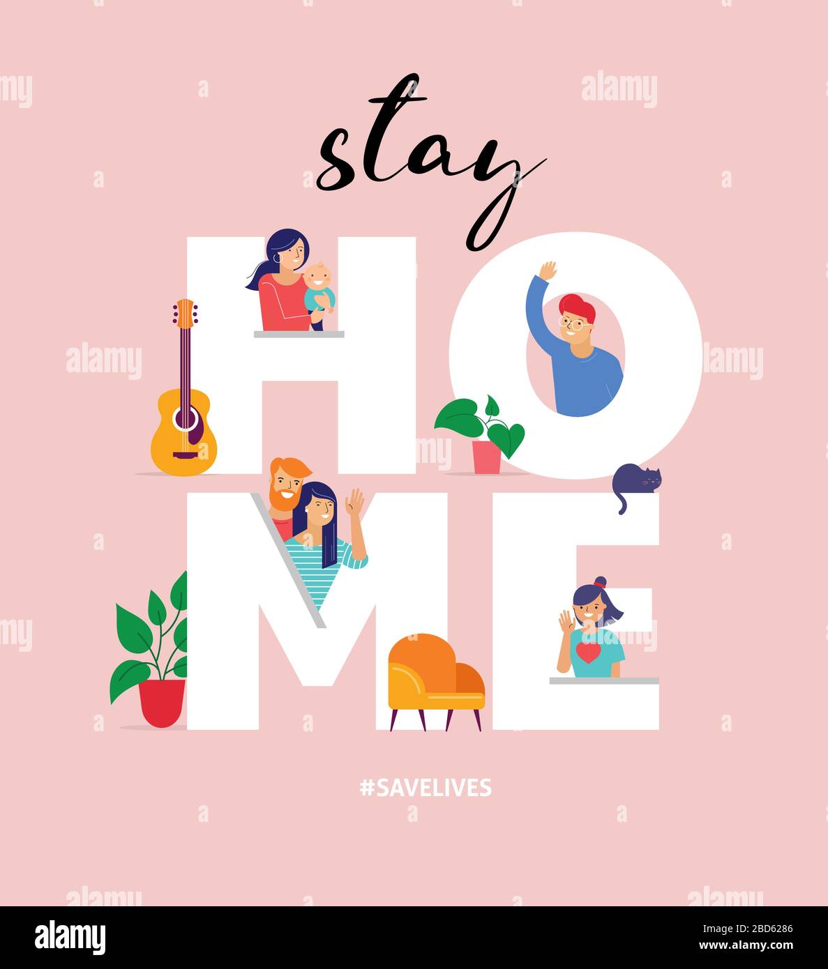 Stay at home, concept design. Different types of people look out and ...