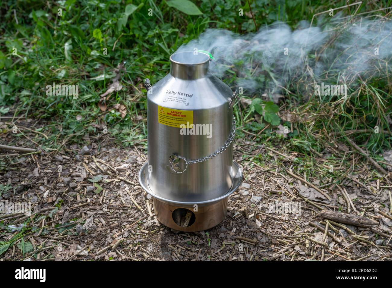Kelly Kettle, a wood fuled kettle, in use in the English countryside to ...