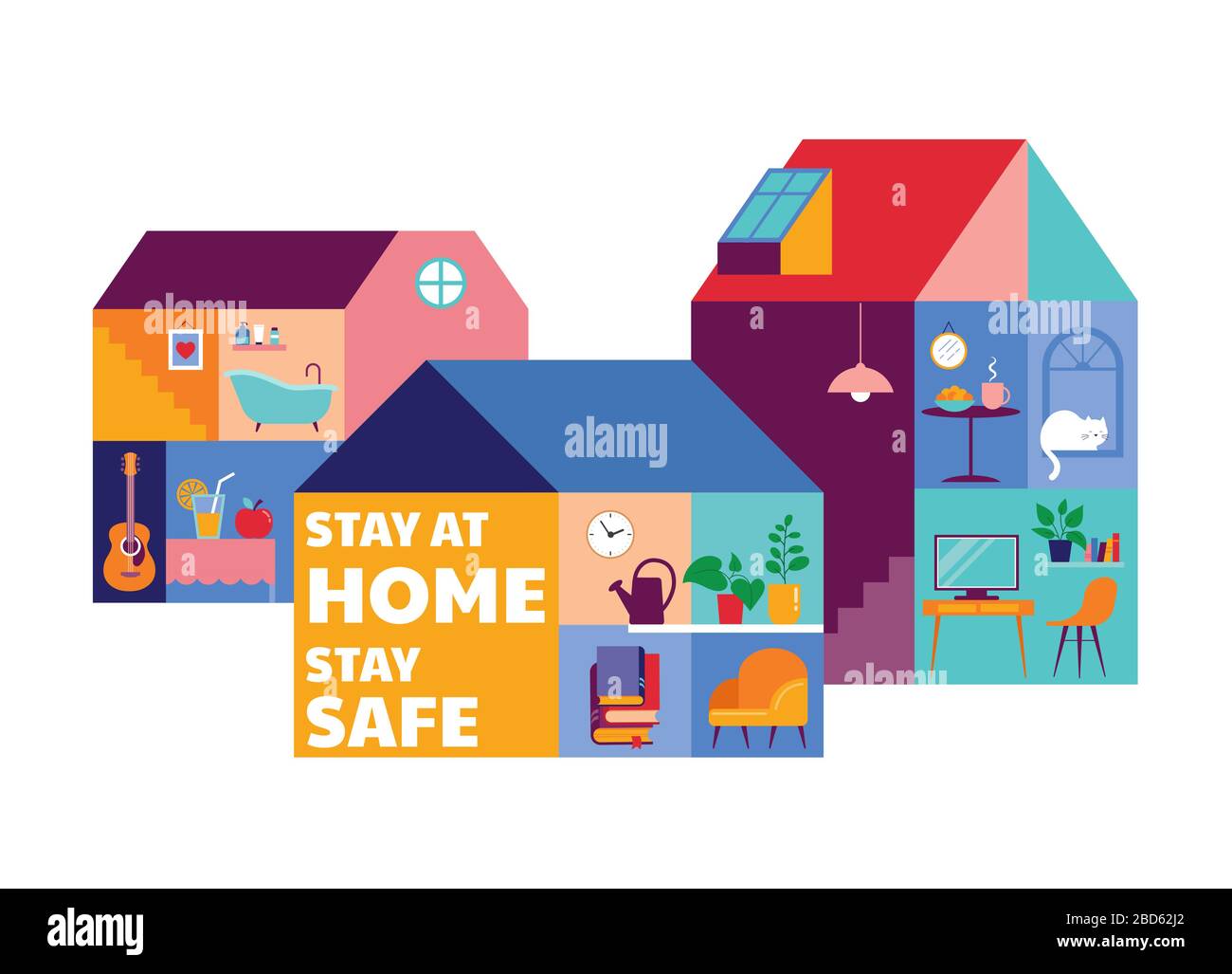 Stay at home, concept design. House facade with different types of ...