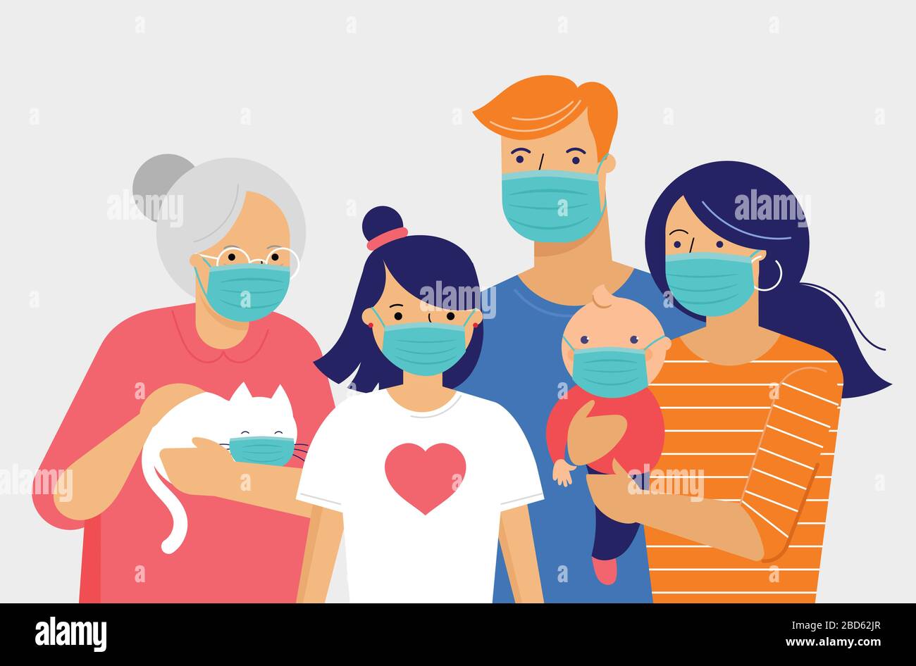 Family, mother, father, baby and a girl wearing medical masks during ...