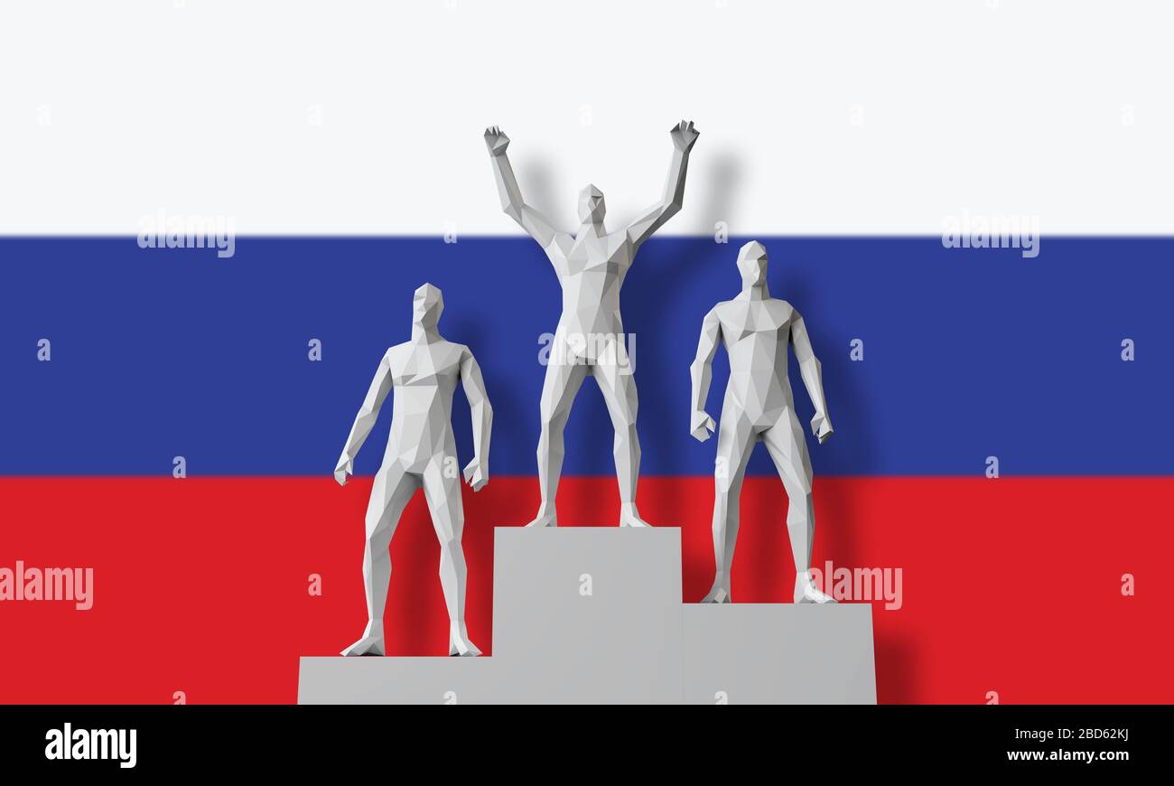 Russia winner.People stood on a winners podium celebrating. 3D Render ...