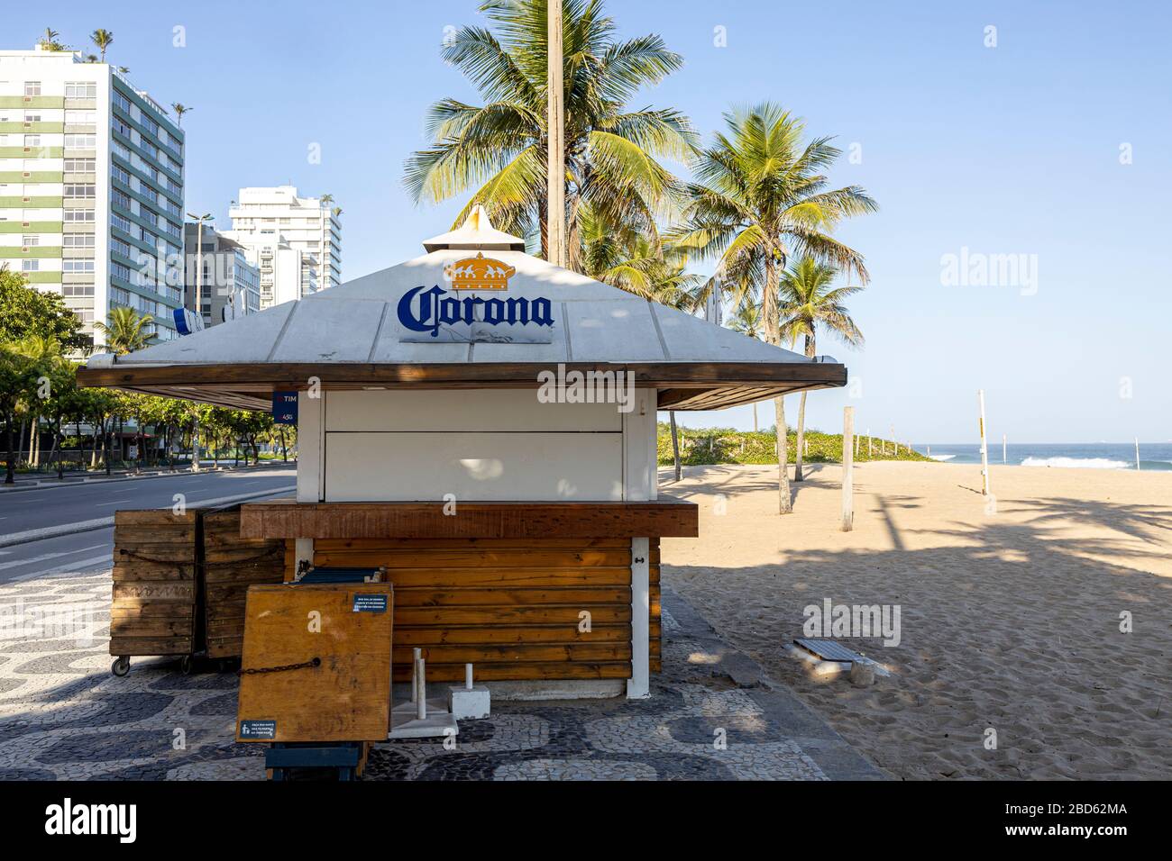 Closed down kiosk in Ipanema called Corona from the beer brand with ...