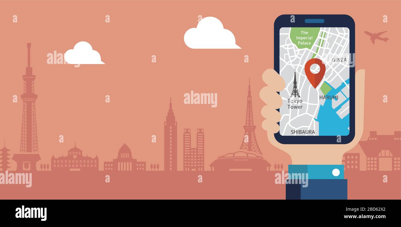 mobile gps navigation service flat illustration. Hand-holding mobile ...