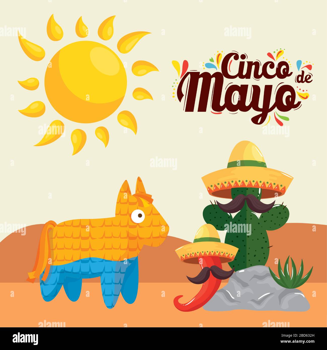 Mexican cactus chilli with hats mustaches and pinata of Cinco de mayo ...