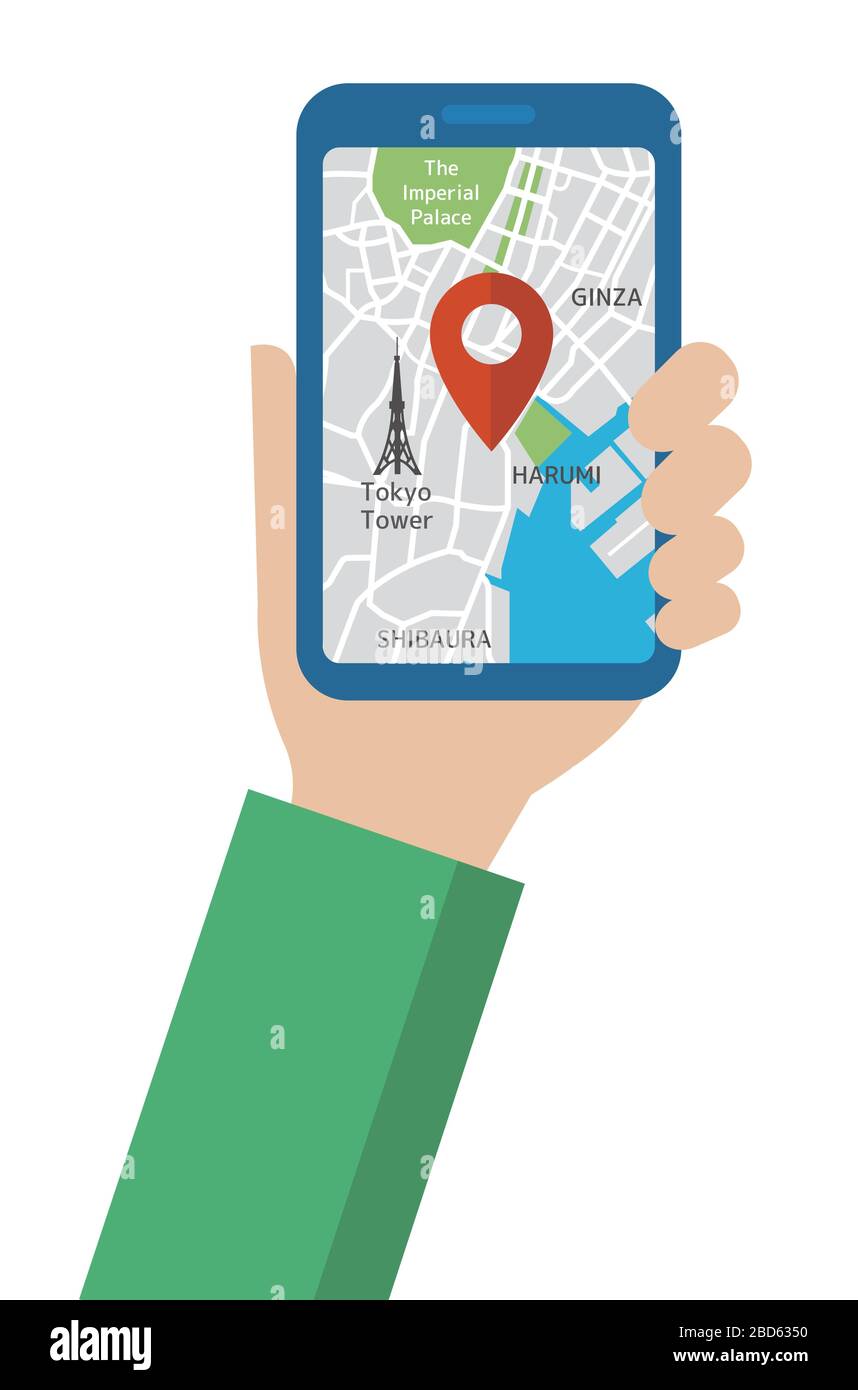 Hand-holding mobile phone with map application ( Tokyo city ) flat ...