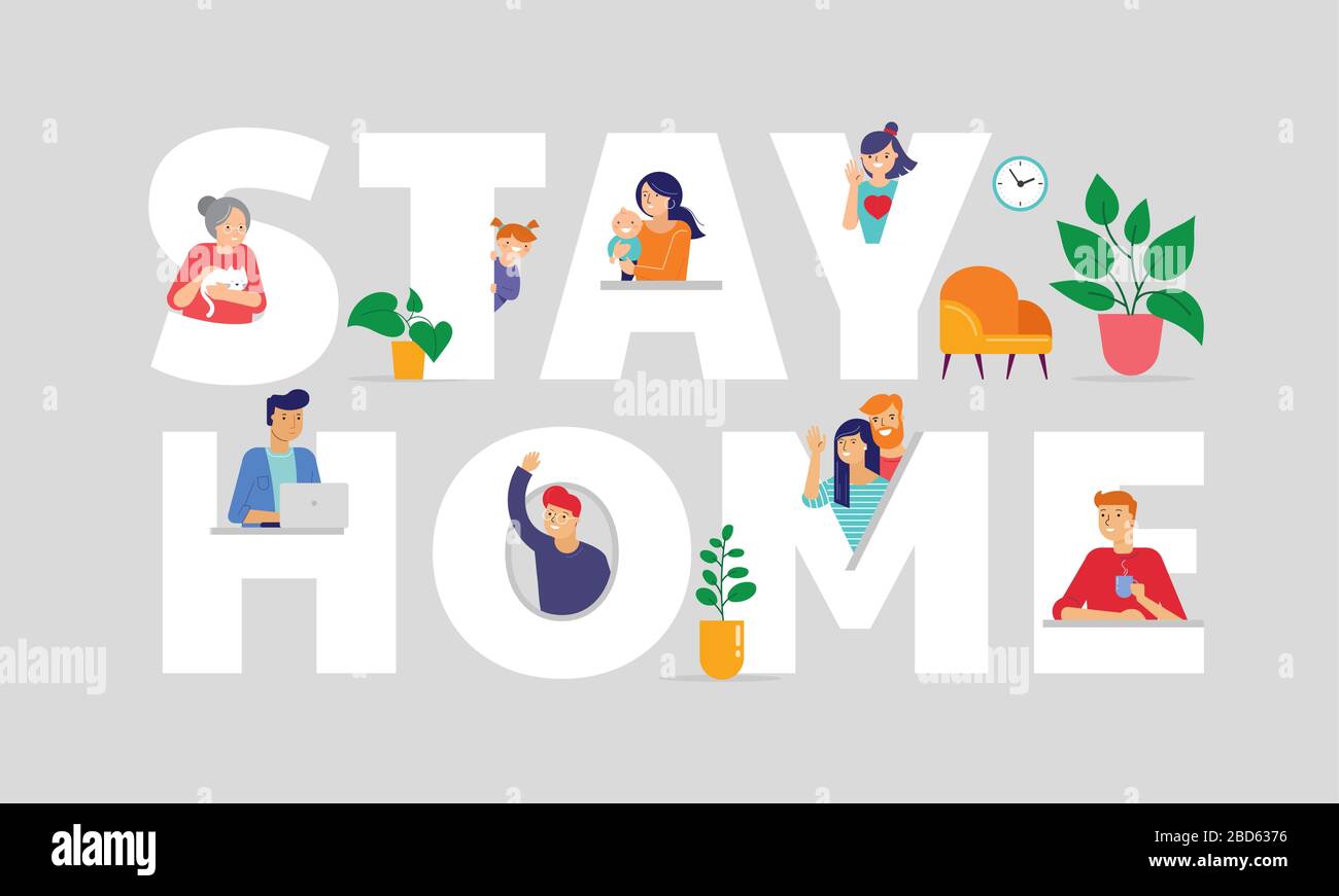 Stay at home, concept design. Different types of people look out and ...