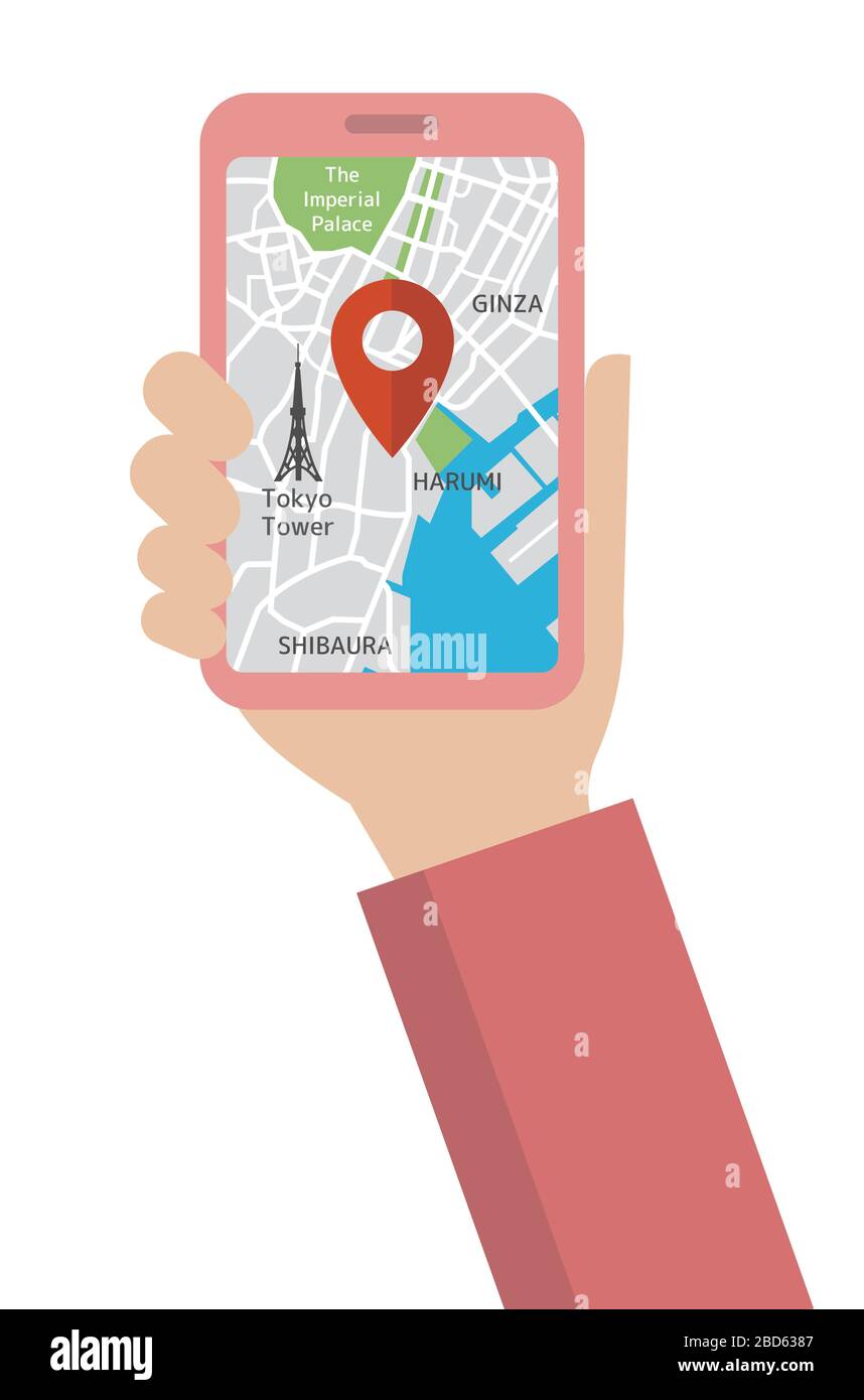 Hand-holding mobile phone with map application ( Tokyo city ) flat ...