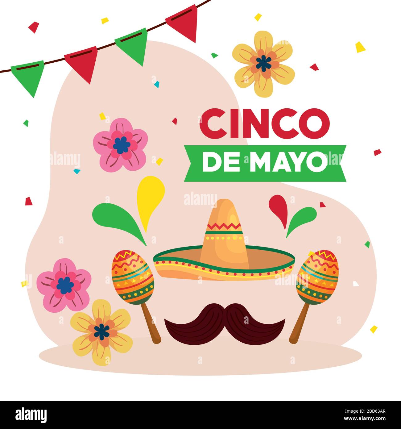 Mexican hat mustache and maracas of Cinco de mayo vector design Stock ...