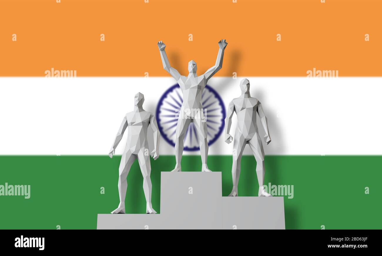 India winner.People stood on a winners podium celebrating. 3D Render ...