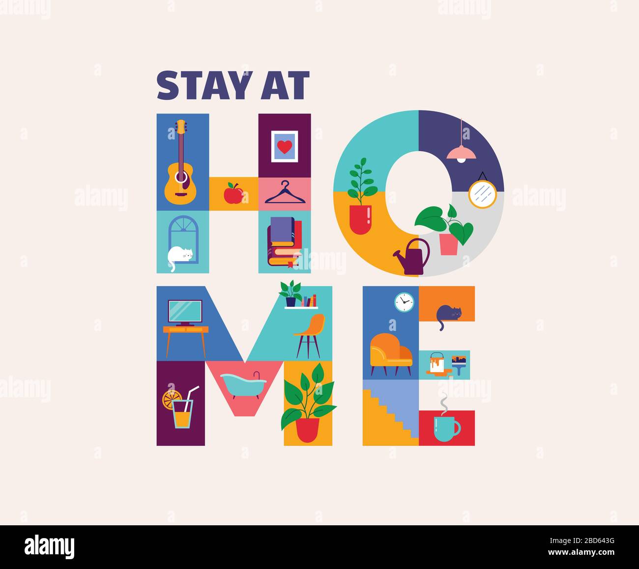 Stay at home, concept design. Different types of people look out and ...