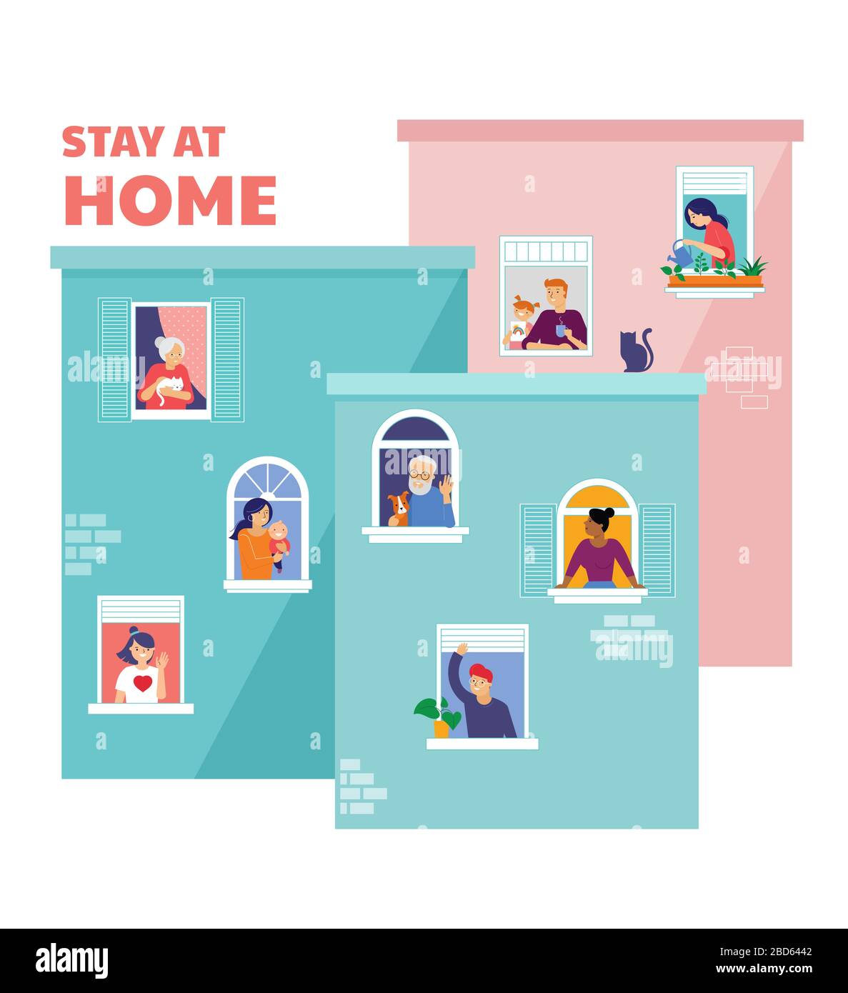 Stay at home, concept design. House facade with different types of ...