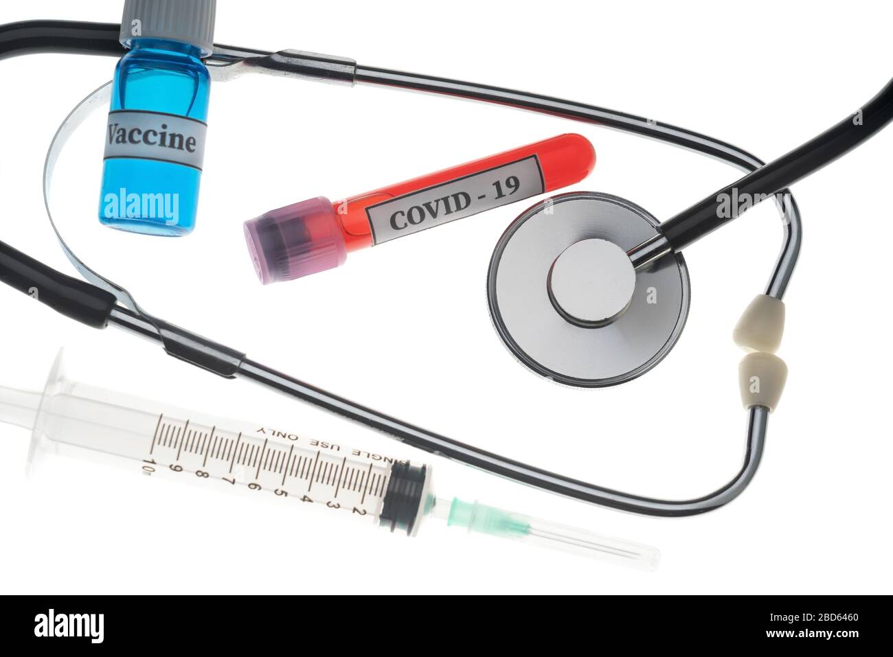 Laboratory test tubes for coronavirus and allergy test. Stethoscope ...