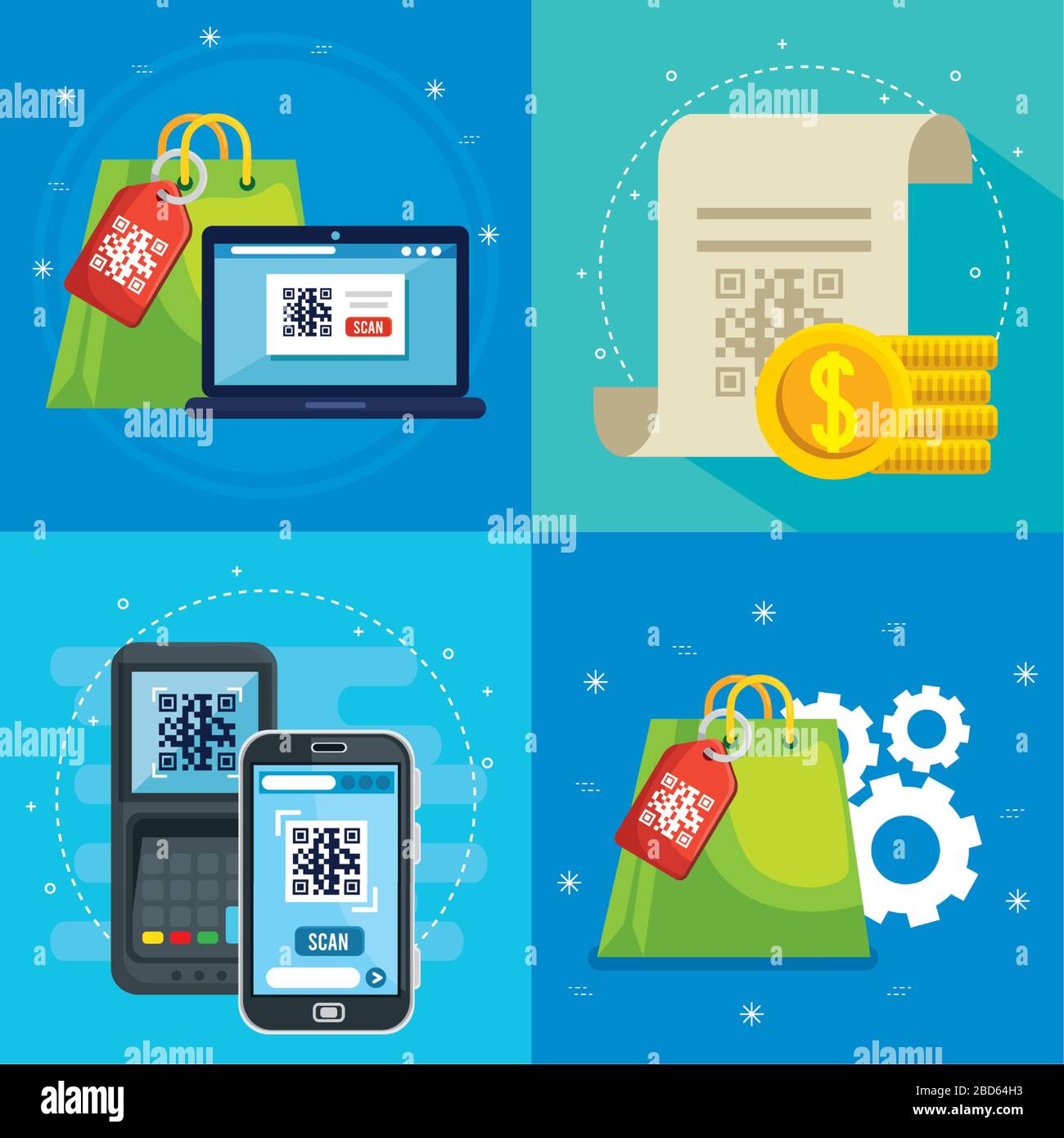 qr code inside smartphone dataphone laptop receipt and bag vector ...