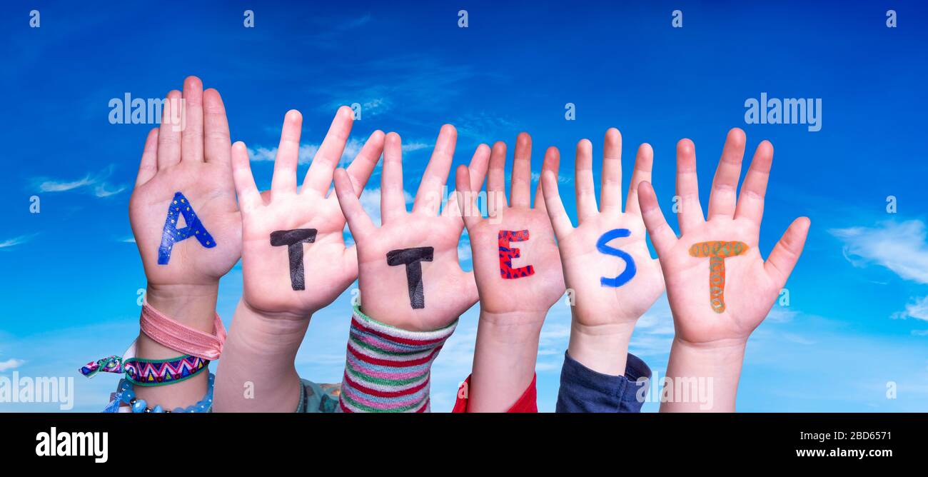 Children Hands Building Word Attest Means Attestation, Blue Sky Stock ...