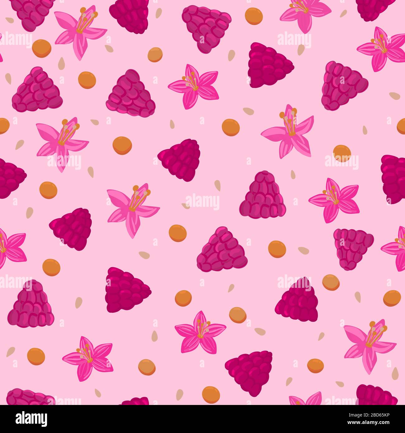 Summer pink raspberry and flowers seamless pattern. Bright red texture ...