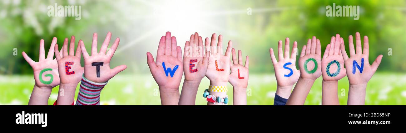 Children Hands Building Word Get Well Soon, Grass Meadow Stock Photo ...