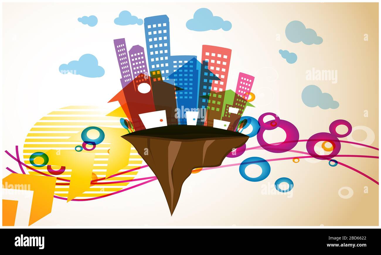 island and buildings with clouds and sunny view on abstract background ...