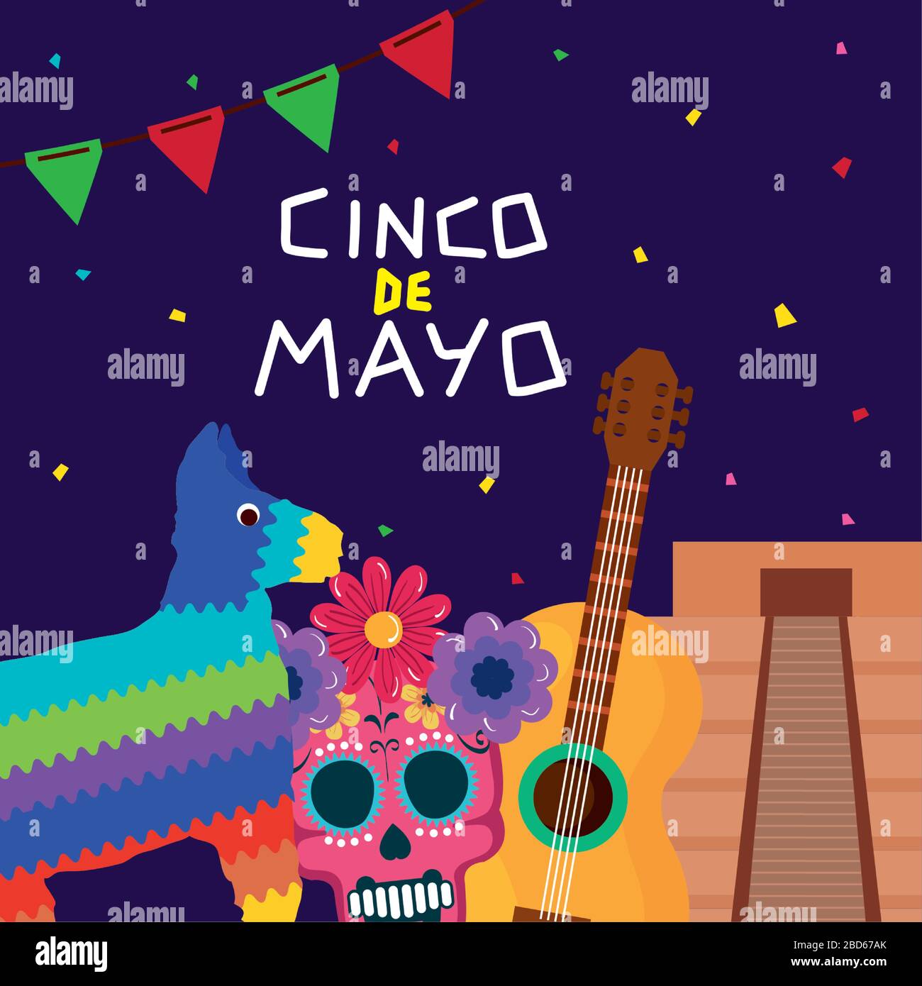 Mexican pinata skull with flowers guitar and pyramid of Cinco de mayo ...