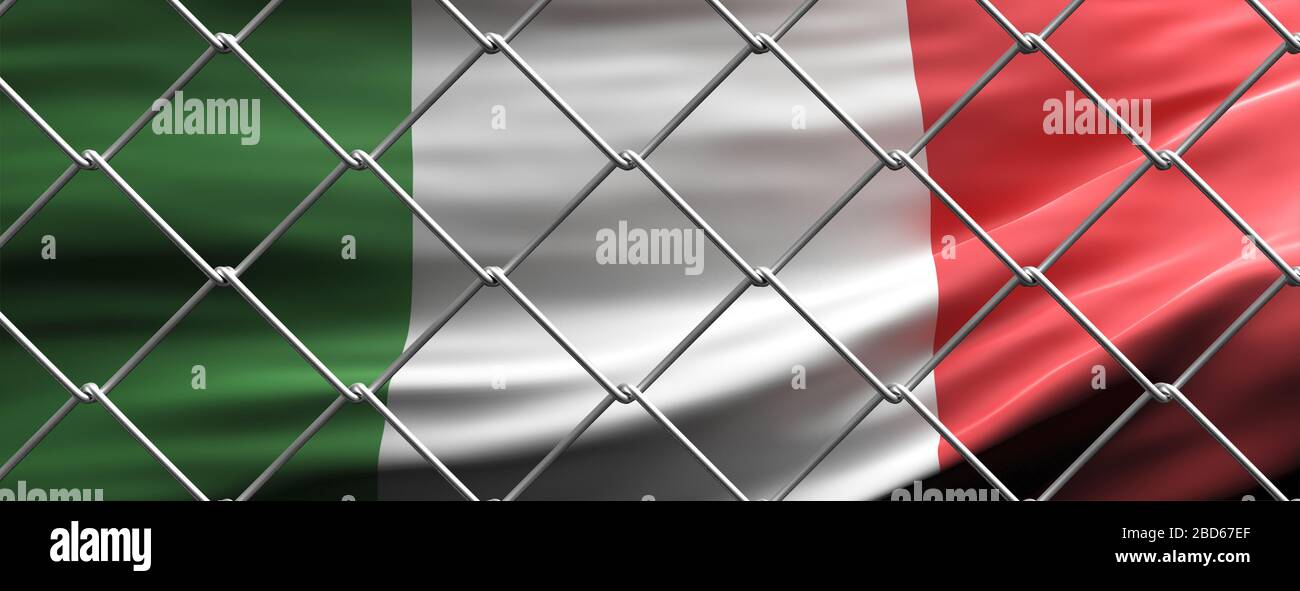 Italy closed borders concept. Italian flag behind steel mesh wire fence ...