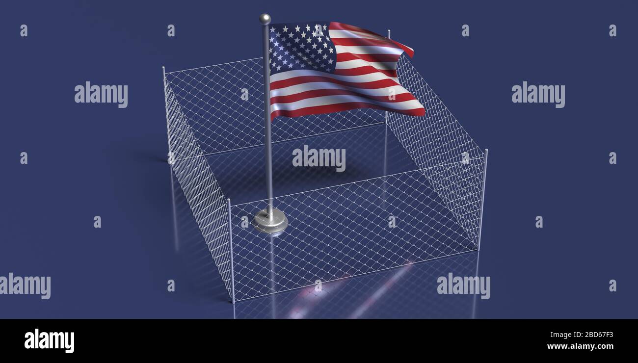 USA closed borders concept. US America flag on pole fenced with wire ...