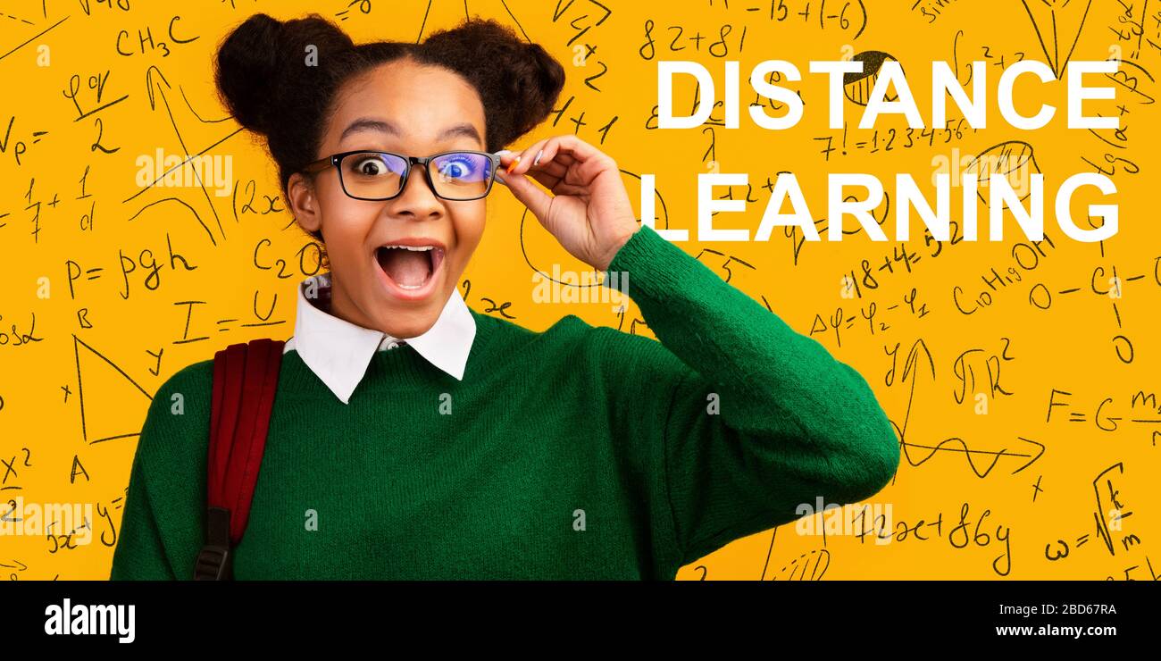 Online schooling due to coronavirus. Collage with teenage girl, phrase ...